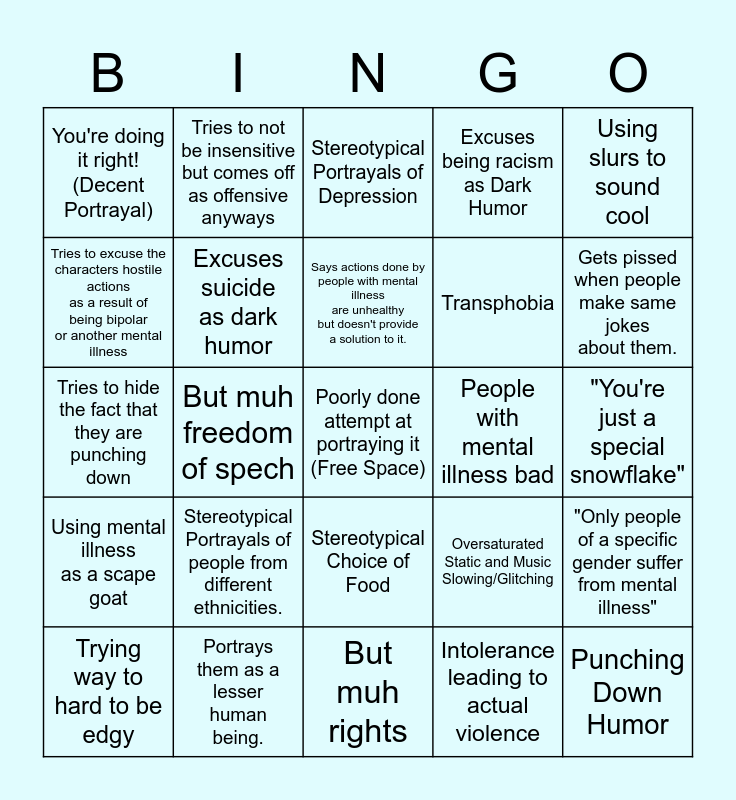 Mental Illness and Discrimination in Social Media or Games Bingo Card