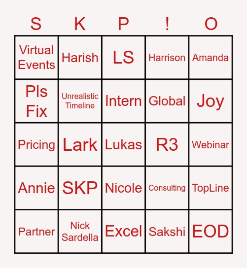 Goodbye Intern Bingo Card