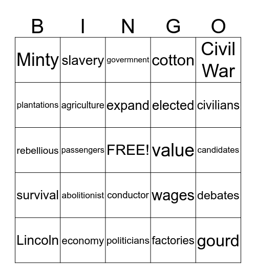 U.S. Civil War Bingo Card