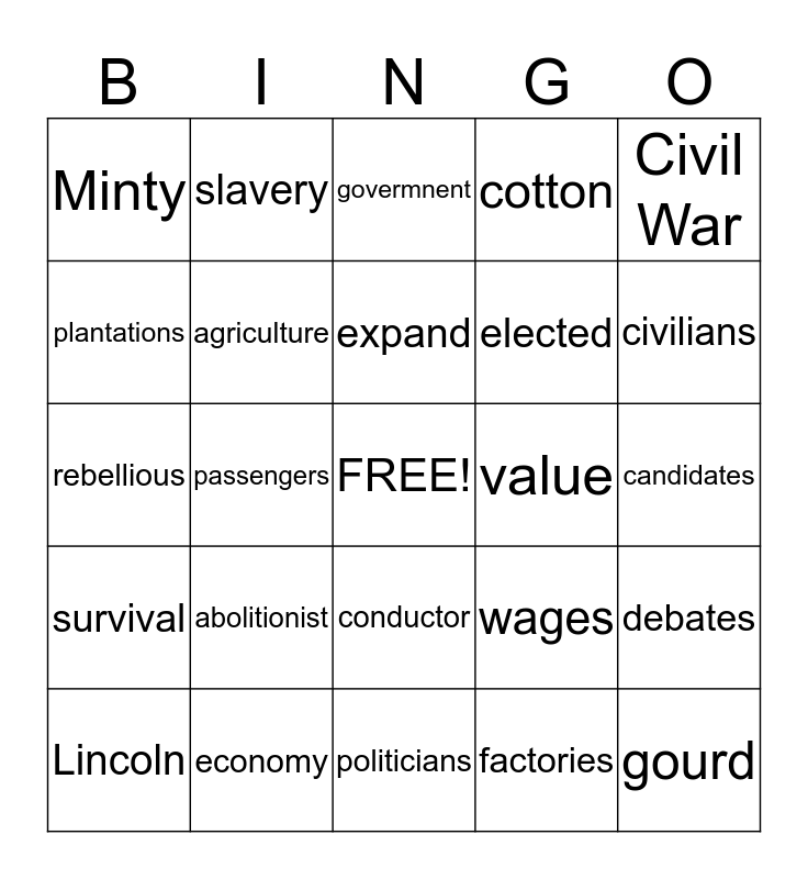U.S. Civil War Bingo Card