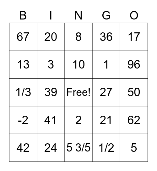 Order of Operations Bingo Card