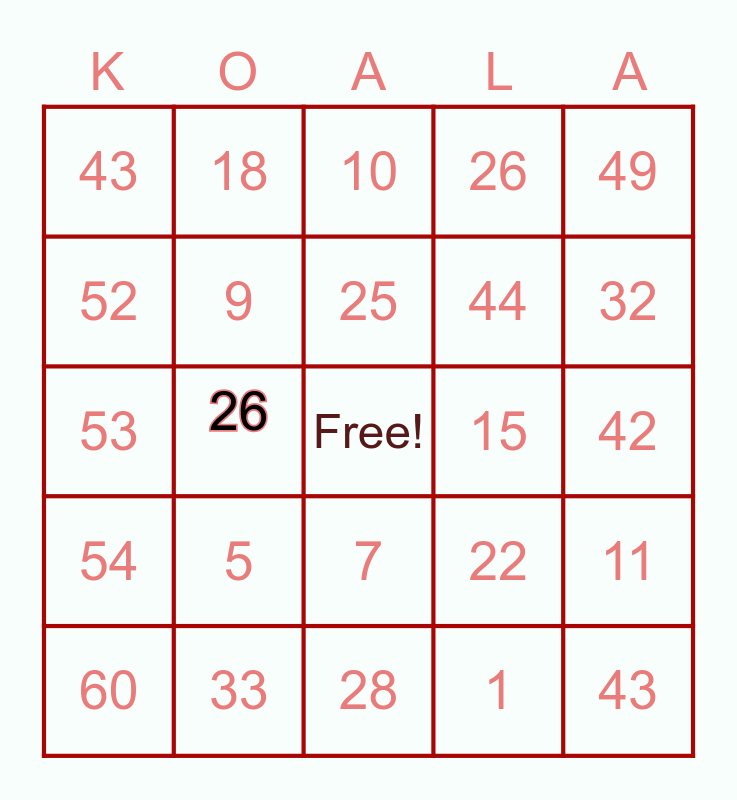 Koala Bingo Card