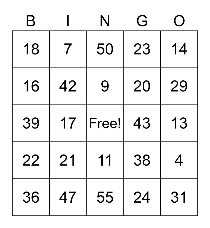 Numbers 1 - 66 Bingo Card