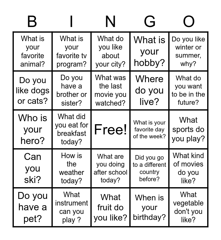 ESL Conversation Bingo Card ESL Conversation Bingo Card