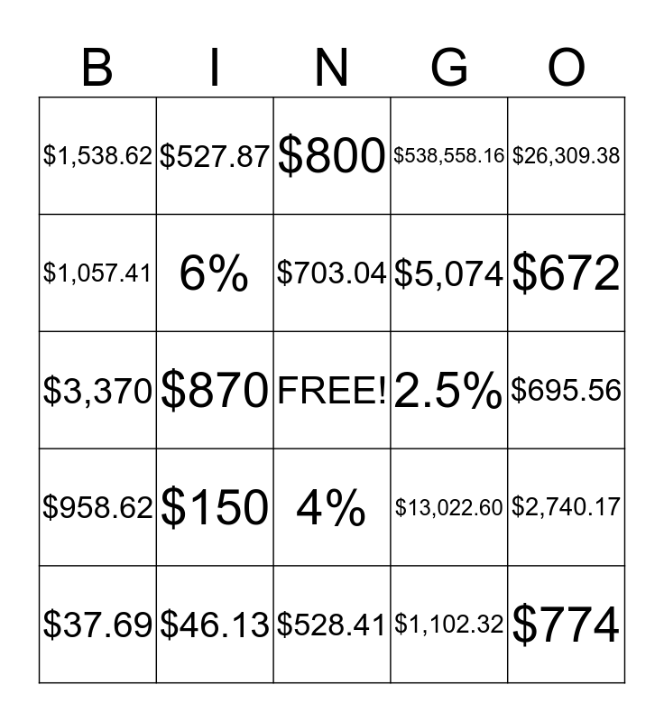 Simple and Compound Interest BINGO Card