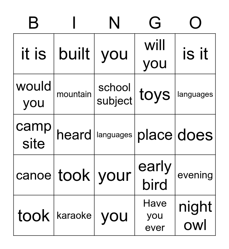 Pronunciation Practice Bingo Card