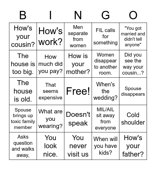 Toxic In Laws Bingo Card Toxic In Laws Bingo Card