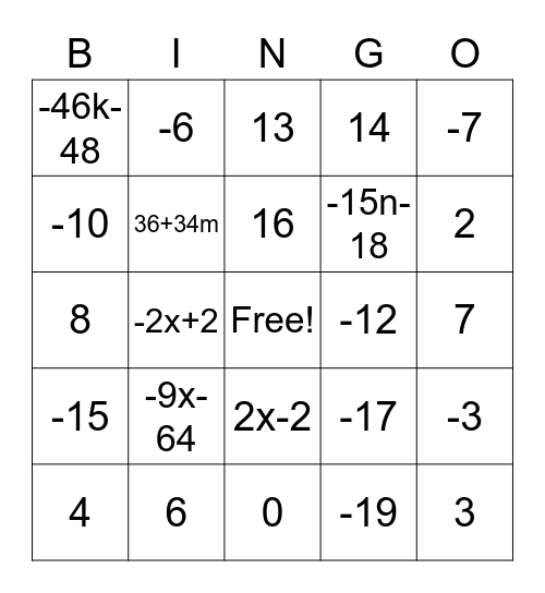 Expressions and Equations Bingo Card