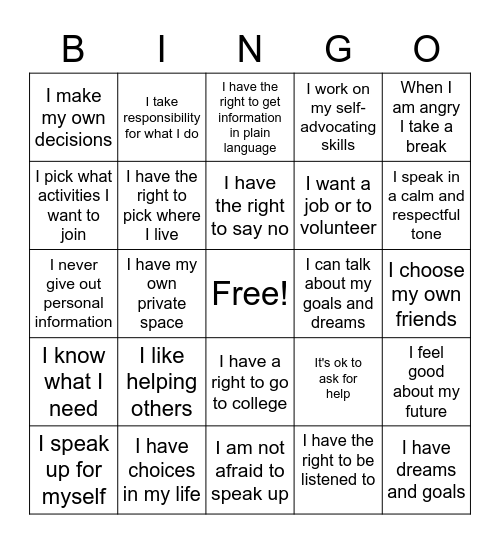 Self Advocacy BINGO Card Self Advocacy BINGO Card