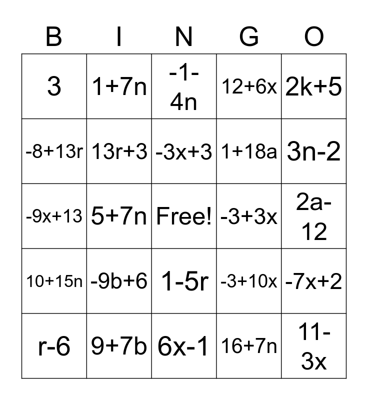 Combining Like Terms Bingo Card