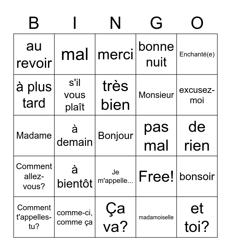 Greeting bingo French 1 Bingo Card