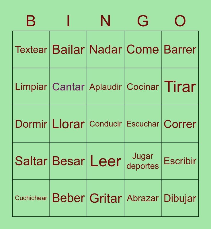Action Verbs Bingo Card Action Verbs Bingo Card