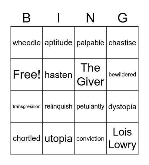 The Giver- Vocabulary Bingo Card