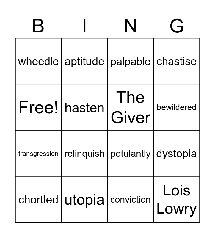 The Giver- Vocabulary Bingo Card