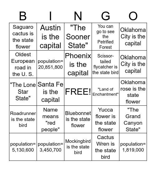 Southwest States Bingo Card