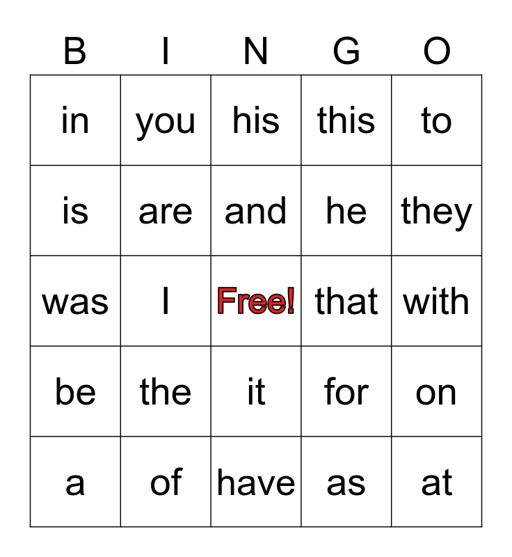 Sight Word Bingo Card