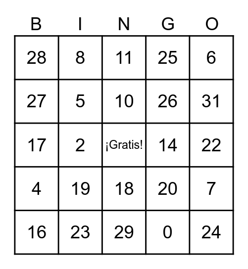 Los números 0-31 Bingo Card