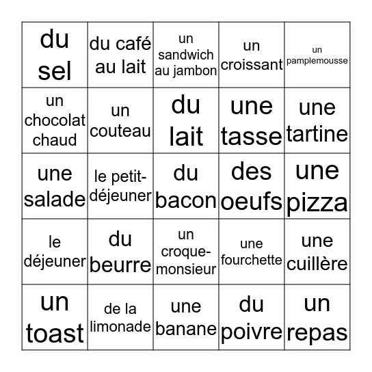 Français Bingo Card