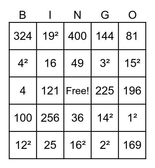 Perfect Squares Bingo Card