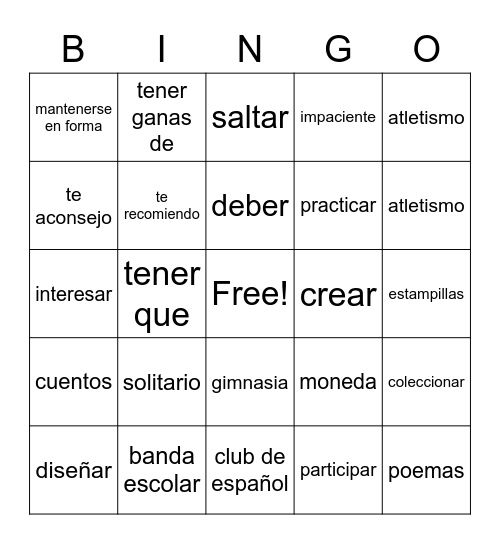 Spanish 5-6 Chapter 1 vocab 2 Bingo Card