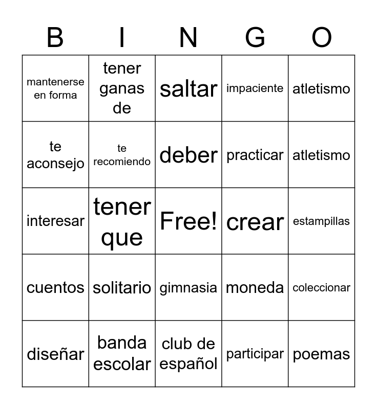 Spanish 5-6 Chapter 1 vocab 2 Bingo Card