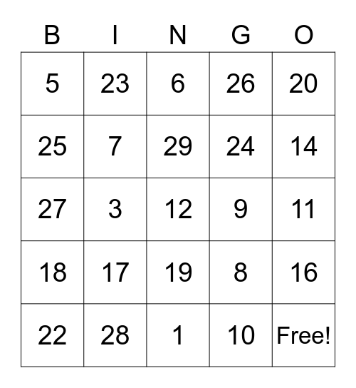 Numbers 1-30 Bingo Card