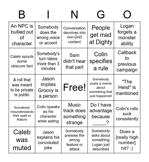 DnD Bingo! Bingo Card
