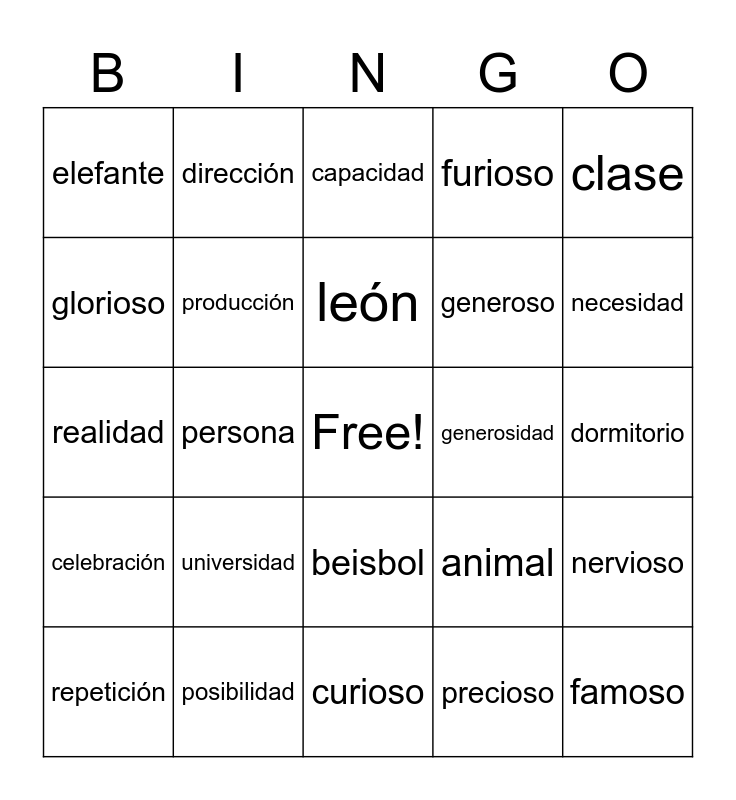 Cognates (Spanish) Bingo Card