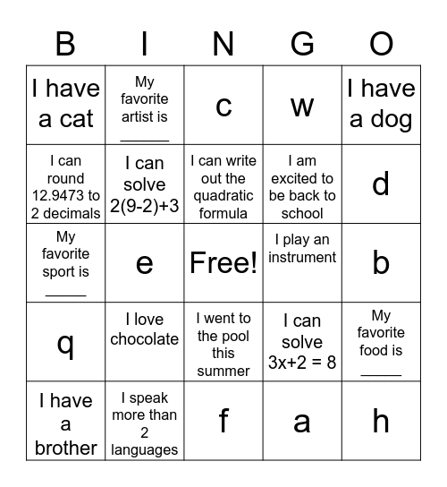 Get-to-Know your Classmates BINGO Card