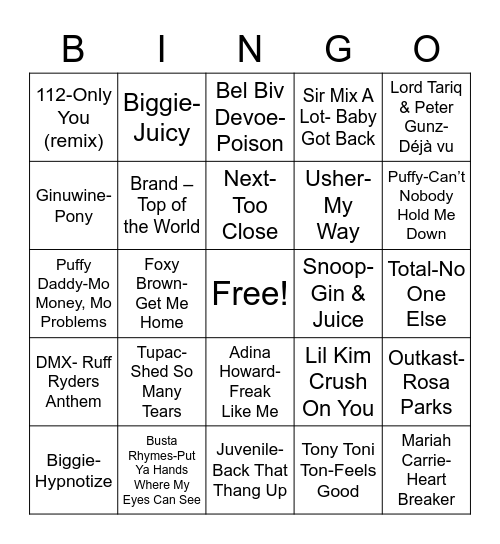 90s Music BINGO Card