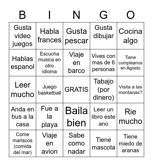 Bingo en ESPANOL!! Bingo Card