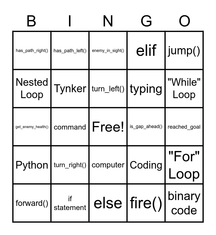 Python 101 Bingo Card