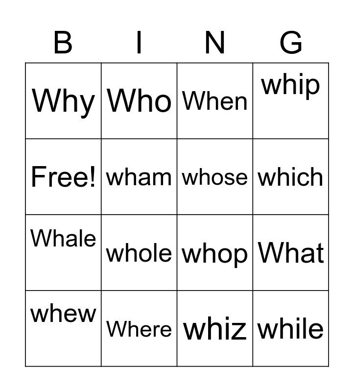 1st Grade Wh words Bingo Card