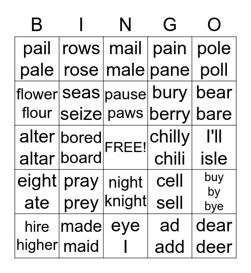 Homophones Bingo Card