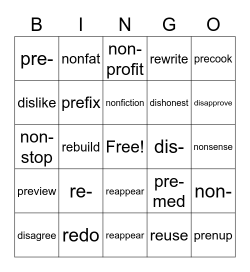 Prefix: Set #1 Bingo Card