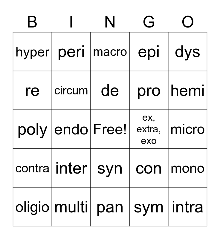 Prefix Bingo Card