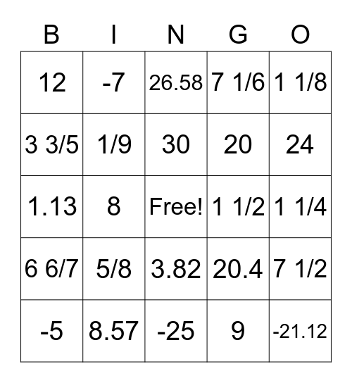 Rational Number Bingo Card