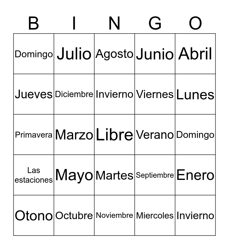Days, Months, and Seasons Bingo Card