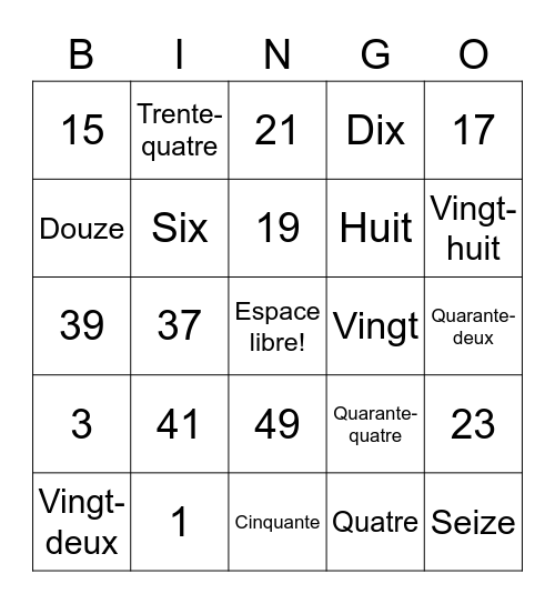 Les Numéros 0-60 Bingo Card