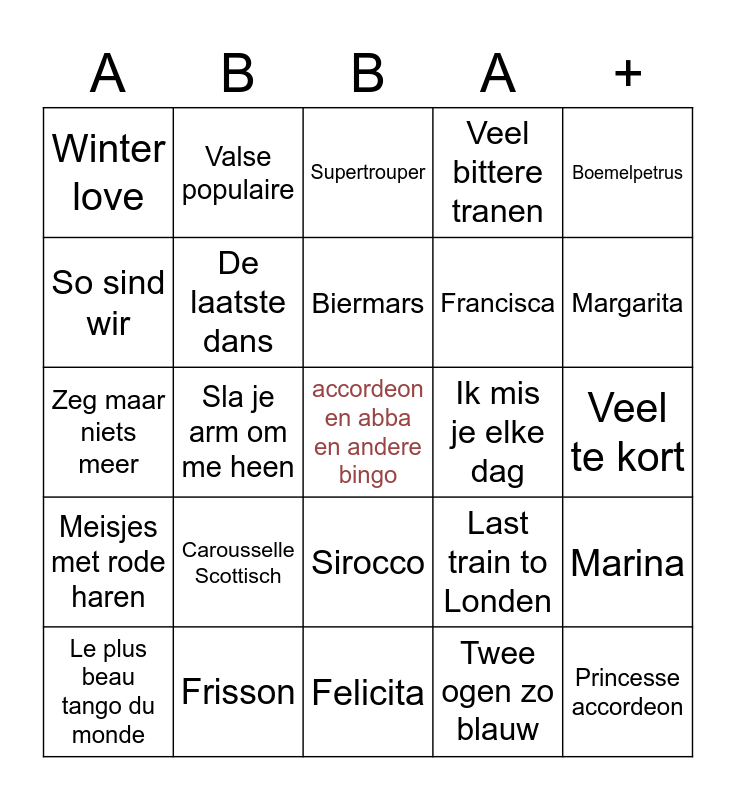 accordeon + abba Bingo Card