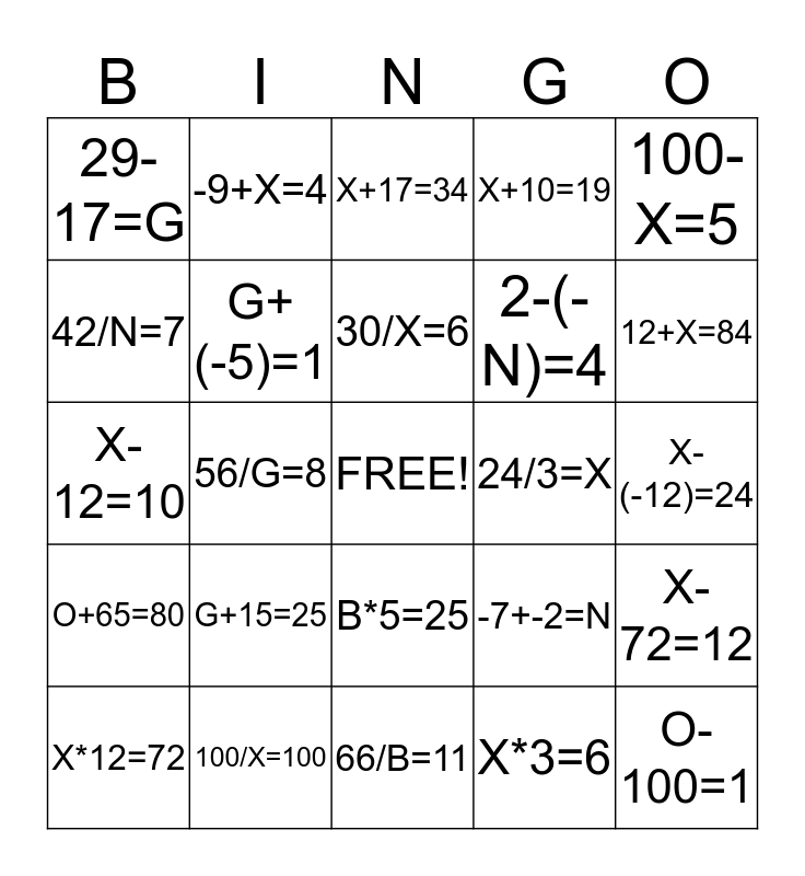 VARIABLE Bingo Card