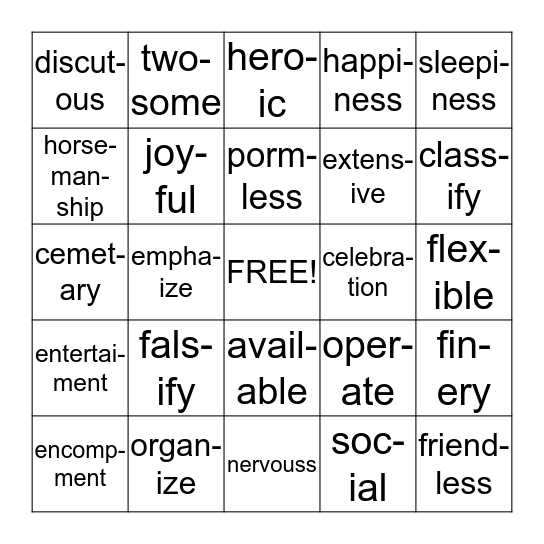 suffix bingo Card
