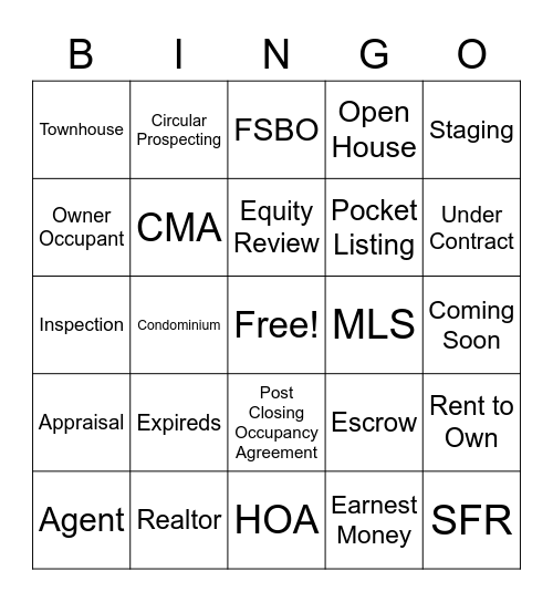 Real Estate Bingo Card