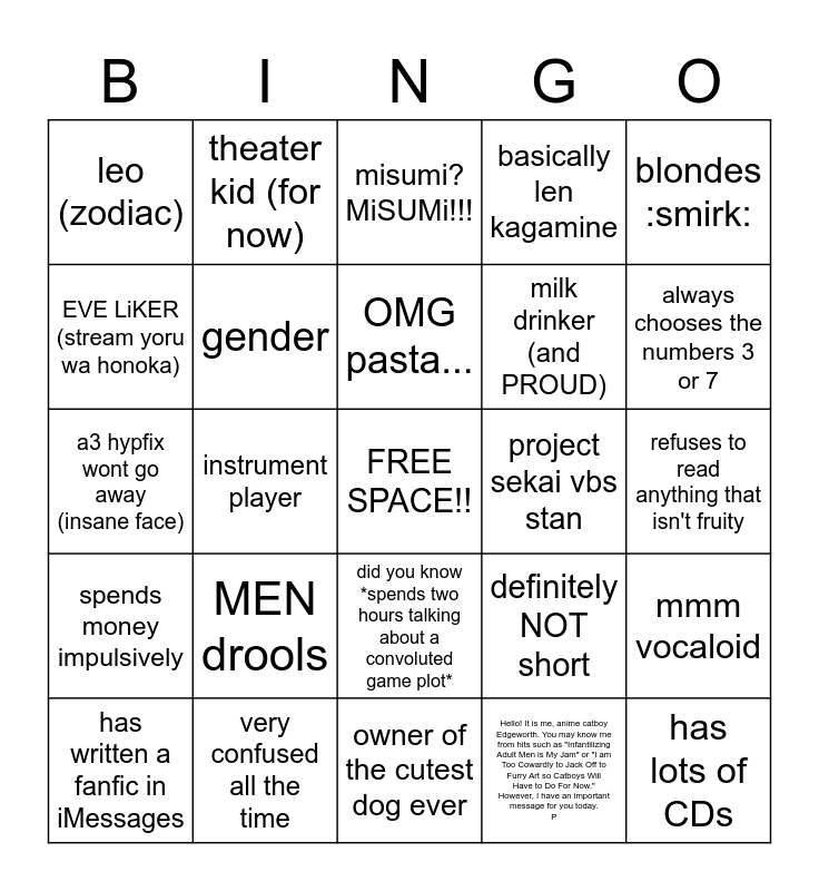 ZERO BiNGO!!! Bingo Card