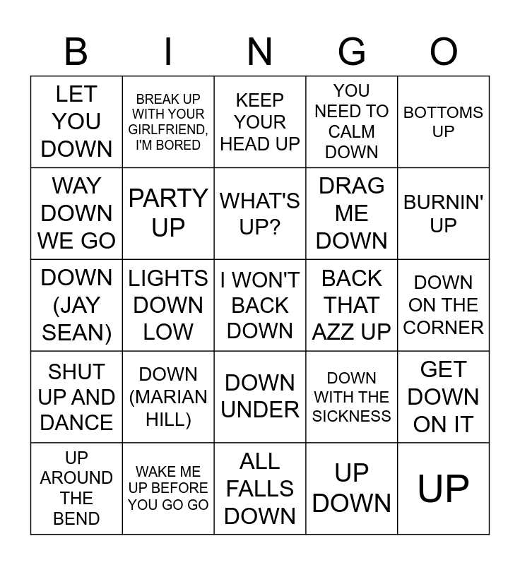 UP DOWN Bingo Card