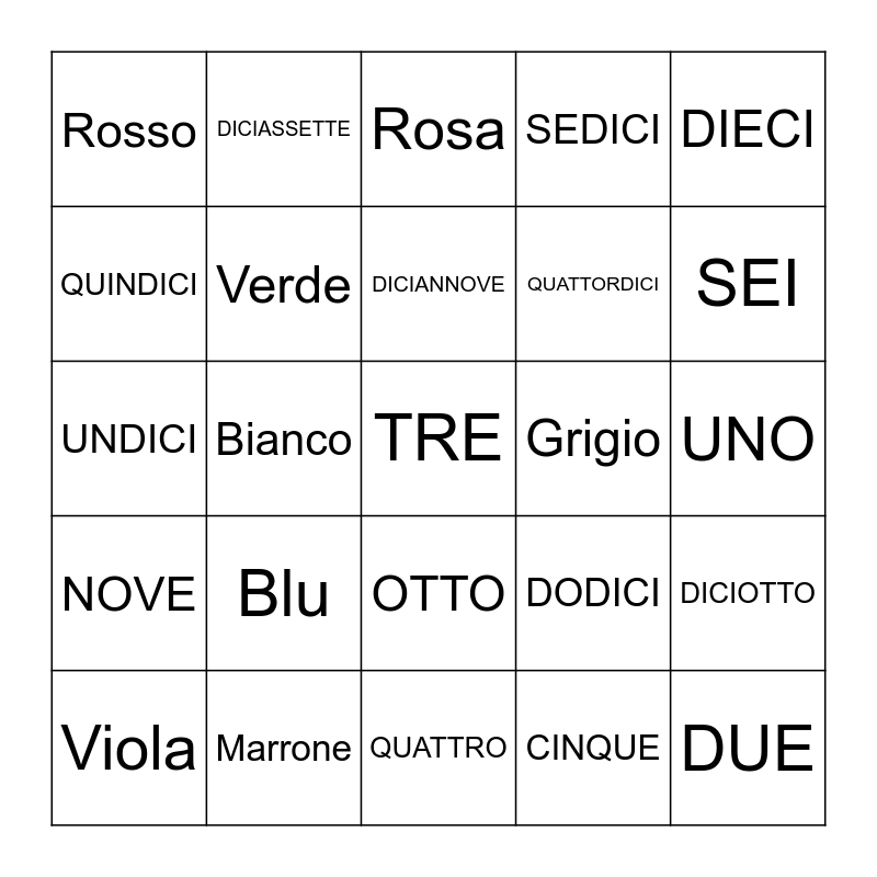 Numeri e colori Bingo Card