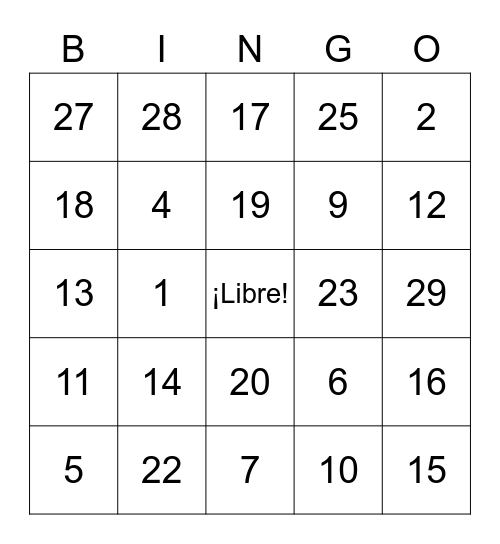 Lotería: Los números Bingo Card