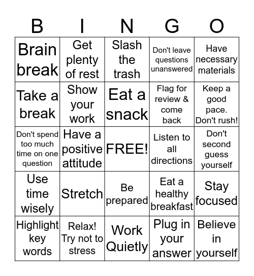 Test Taking Skills BINGO Card