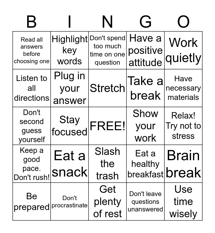 Test Taking Skills BINGO Card