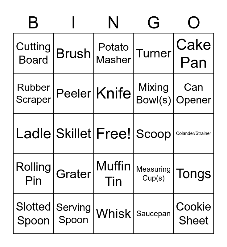 Kitchen Equipment BINGO Card